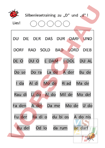 Arbeitsblatt: Silbenlesetraining D, d - Deutsch - Lesefertigkeit