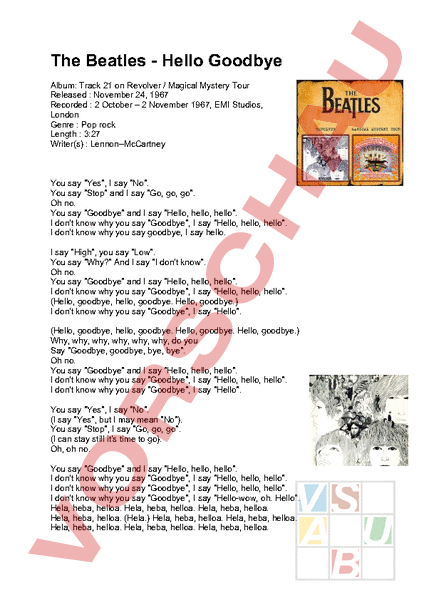 Arbeitsblatt: Lyrics Hello Goodbye The Beatles - Musik - Singen / Lieder
