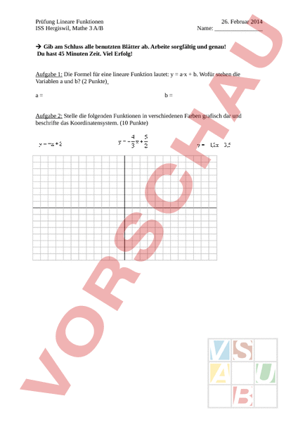 Arbeitsblatt: Prüfung Lineare Funktionen - Mathematik - Algebra