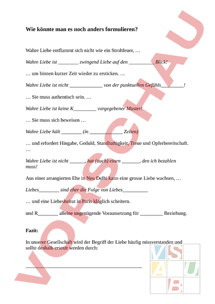 Arbeitsblatt: Begriff der Liebe - Lebenskunde - Ethik / Moral