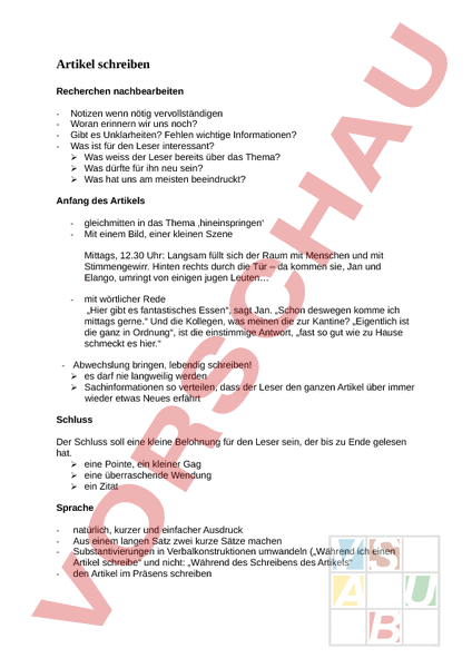 Arbeitsblatt: Artikel schreiben - Deutsch - Texte schreiben