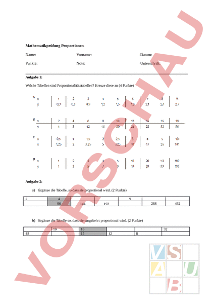 Arbeitsblatt: Mathetest proportionen - Mathematik - Proportionalität ...