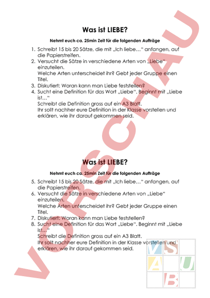 Arbeitsblatt: Was ist Liebe? - Lebenskunde - Sexualerziehung