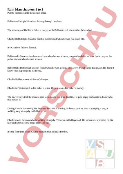 Arbeitsblatt: Rain Man (Englisch) - Englisch - Lesen / Literatur