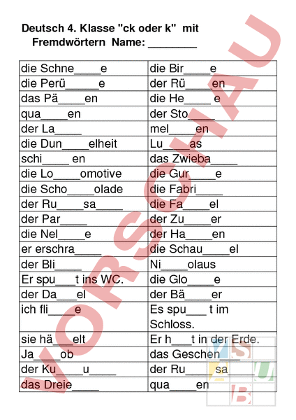 Arbeitsblatt: ck- k mit Fremdwörtern - Deutsch - Rechtschreibung
