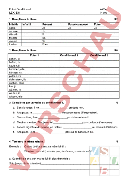 Arbeitsblatt: Test Futur/ Conditionnel - Französisch - Grammatik