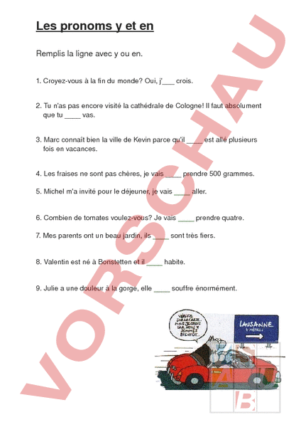 Arbeitsblatt: pronoms y et en - Französisch - Grammatik