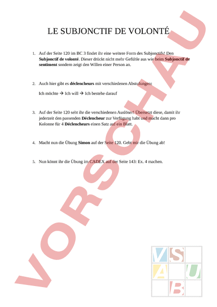 Arbeitsblatt: Subjonctif de volonté - Französisch - Grammatik