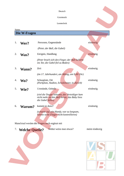 Arbeitsblatt: w-Fragen - Deutsch - Textverständnis