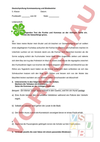 Arbeitsblatt: Kommasetzung und Bindewörter Prüfung - Deutsch - Grammatik
