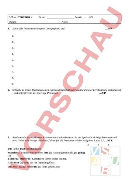 Arbeitsblatt: Lernkontrolle alle Pronomen - Deutsch - Grammatik