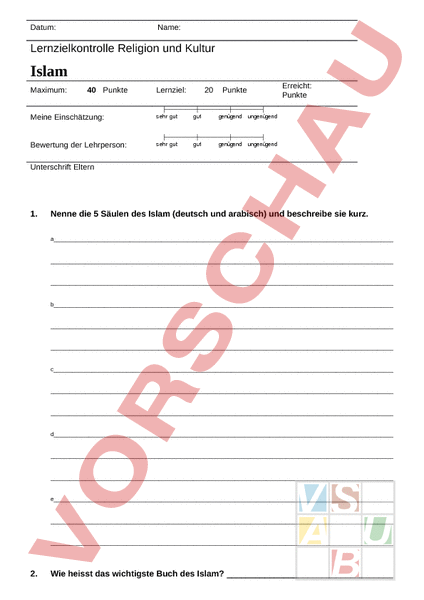 Arbeitsblatt: Test Islam - Lebenskunde - Religionslehre / Bibel