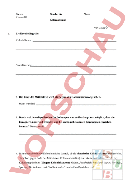 Arbeitsblatt: Kolonialismus - Geschichte - Neuzeit