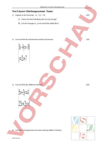 Arbeitsblatt: Test lineare Gleichungssysteme - Mathematik - Algebra