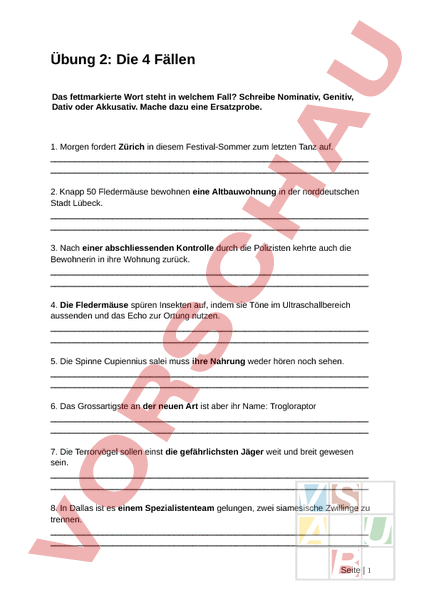 Arbeitsblatt: Übung 2: Bestimme den Fall - Deutsch - Grammatik