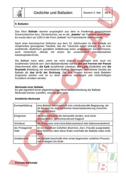Arbeitsblatt: Balladen - Deutsch - Textverständnis