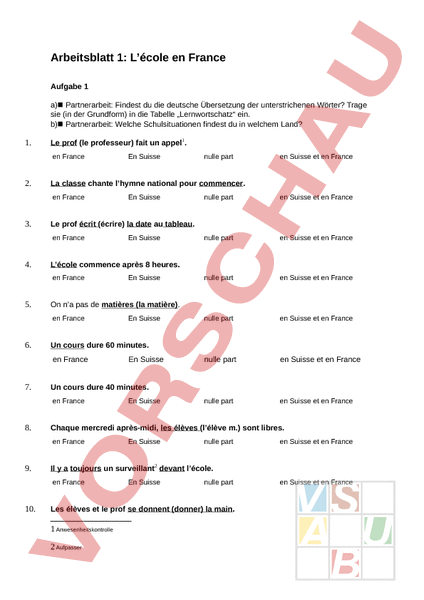 Arbeitsblatt: Envol 8 Unité 9: École en France - Französisch - Lesen ...