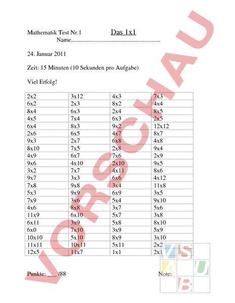 Arbeitsblatt: 1x1-Test - Mathematik - Multiplikation
