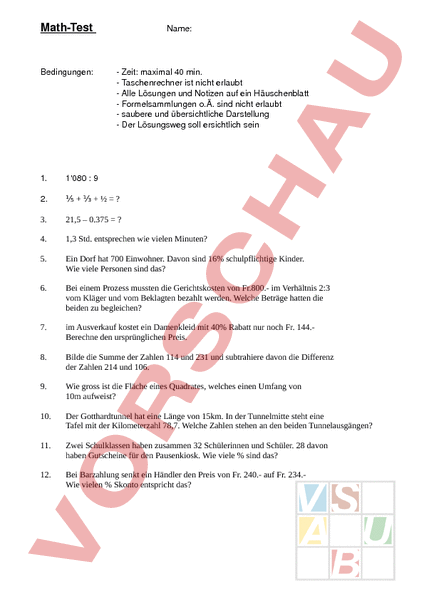 Arbeitsblatt: Test Math - Mathematik - Gemischte Themen