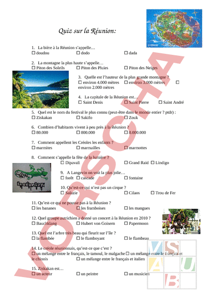 Arbeitsblatt: Ile de la Réunion - Quiz - Französisch - Anderes Thema