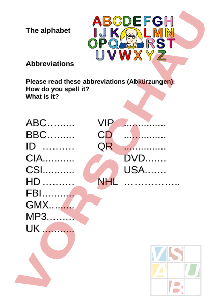 Arbeitsblatt: Einstieg ABC Abbreviations - Englisch - Anderes Thema