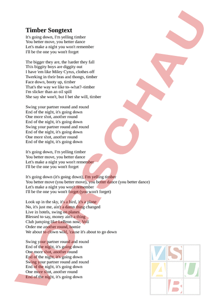 Arbeitsblatt: Timber - Musik - Singen / Lieder