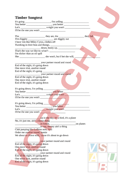 Arbeitsblatt: Timber - Musik - Singen / Lieder