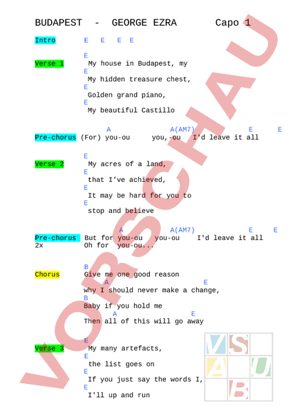 Arbeitsblatt: Georg Ezra-Budapest Akkorde - Musik - Singen / Lieder