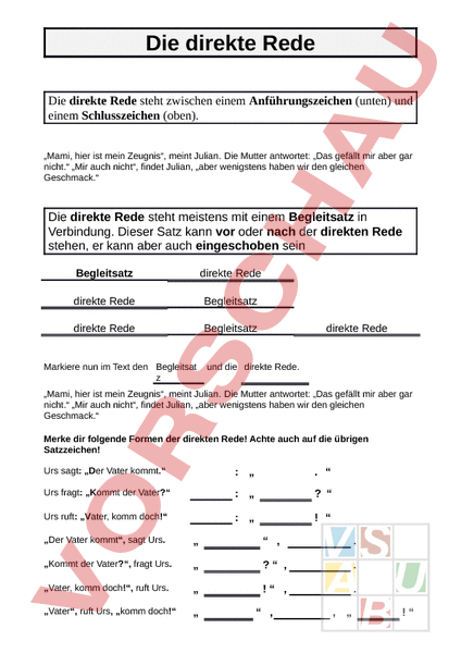 Arbeitsblatt: Direkte Rede - Deutsch - Grammatik