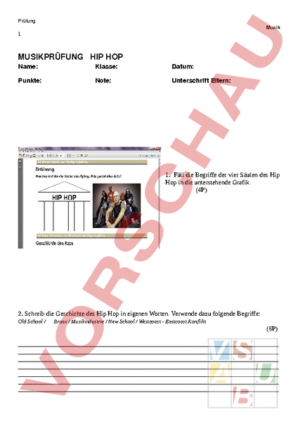 Arbeitsblatt: Musikprüfung Hip Hop - Musik - Musikgschichte