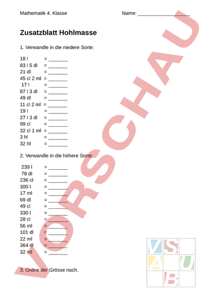 Arbeitsblatt: Hohlmasse - Mathematik - Sachrechnen / Grössen