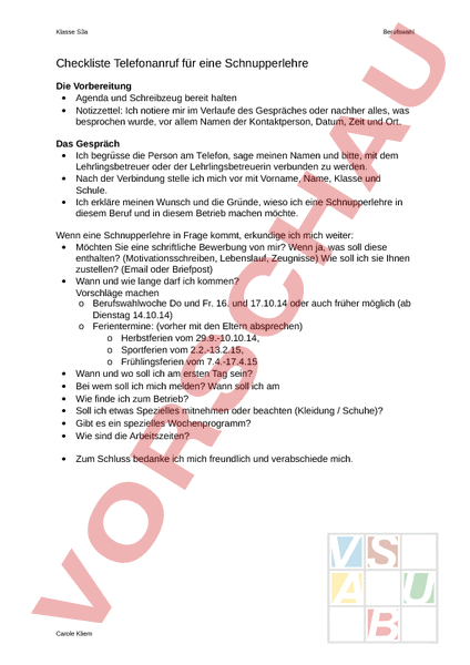 Arbeitsblatt: Checkliste Schnupperlehren - Lebenskunde - Berufswahl