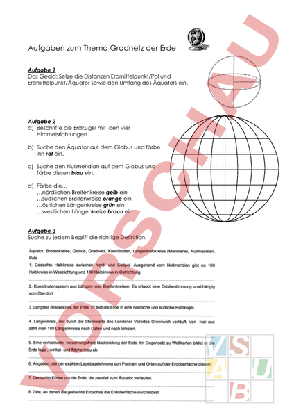 Arbeitsblatt: Gradnetz Aufgaben - Geographie - Kartographie / Gradnetz
