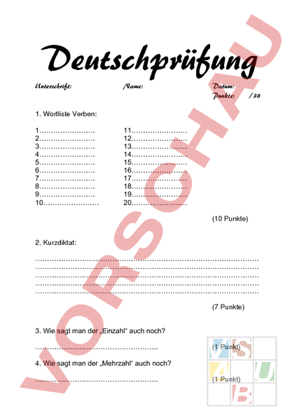 Arbeitsblatt: Deutschprüfung - Deutsch - Grammatik