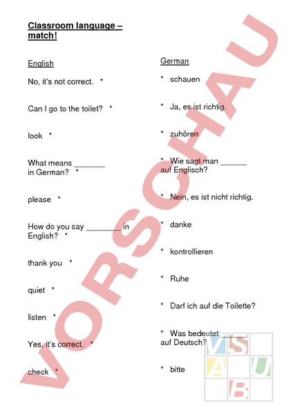 Arbeitsblatt: classroom language matching sheet - Englisch - Wortschatz
