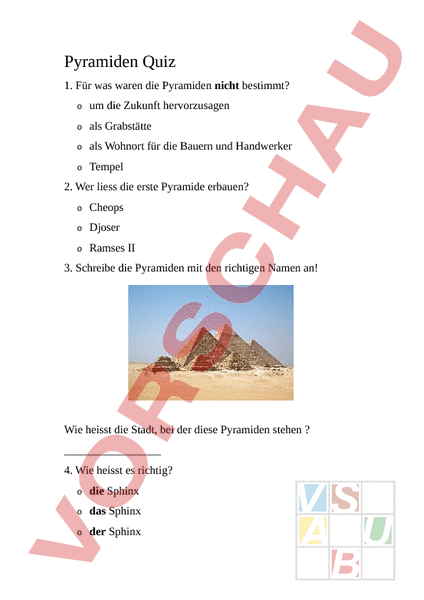 Arbeitsblatt: Pyramiden Quiz - Geschichte - Altertum