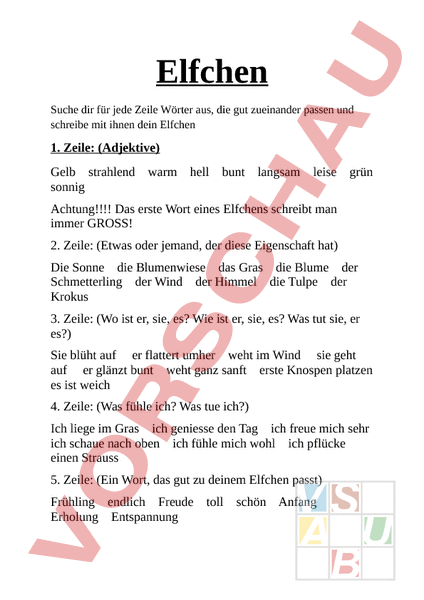 Arbeitsblatt: Elfchen - Deutsch - Gemischte Themen