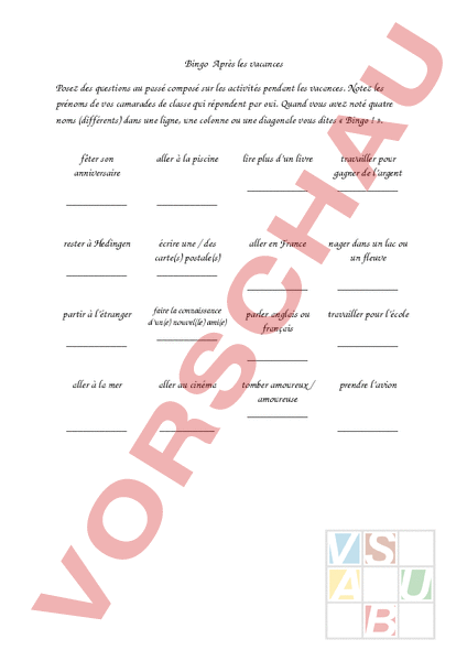 Arbeitsblatt: Bingo après les vacances - Französisch - Gemischte Themen