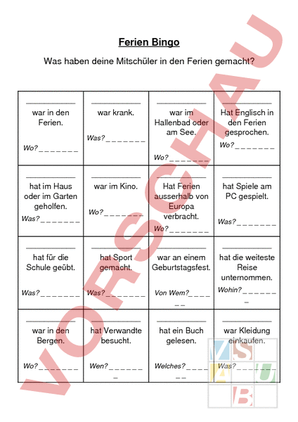Arbeitsblatt: Ferien Bingo - Deutsch - Gespräche