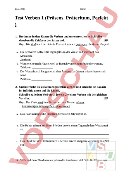 Arbeitsblatt: Prüfung Verben (Präsens, Präteritum, Perfekt) - Deutsch ...