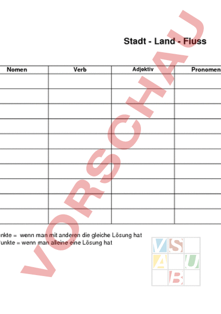 Arbeitsblatt: Stadt Land Fluss mit Wortarten - Deutsch - Grammatik