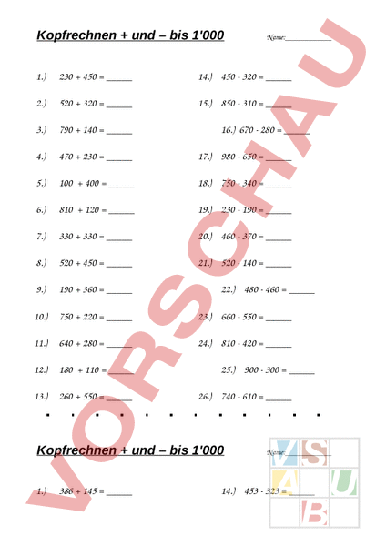 Arbeitsblatt: Kopfrechnen Addition Subtraktion - Mathematik - Gemischte ... Arbeitsblatt: Kopfrechnen Addition Subtraktion - Mathematik - Gemischte ...