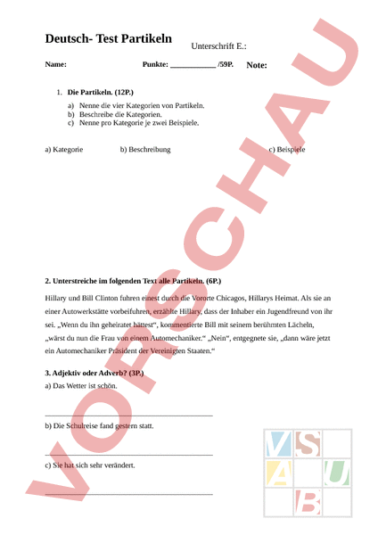 Arbeitsblatt: Test Partikeln - Deutsch - Grammatik