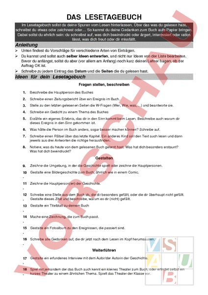 Arbeitsblatt: Lesetagebuch - Deutsch - Leseförderung / Literatur