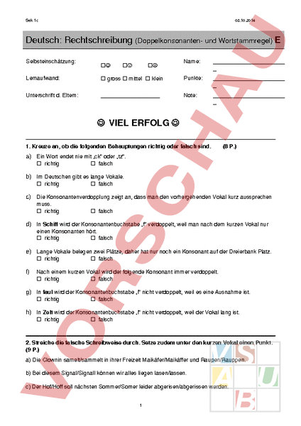 Arbeitsblatt: Prüfung Deutsch - Doppelkonsonanten- und Wortstammregel ...