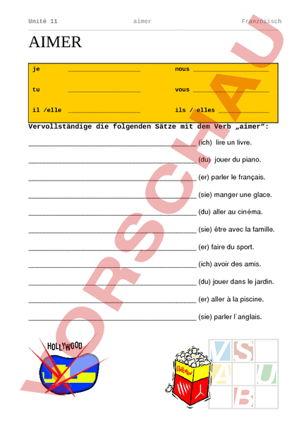 Arbeitsblatt: Verb aimer - Französisch - Grammatik