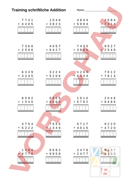 Arbeitsblatt: Schriftliche Addition - Mathematik - Addition
