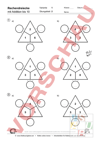 Arbeitsblatt: Rechendreieck - Mathematik - Addition