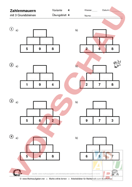 Arbeitsblatt: Zahlenmauer - Mathematik - Addition