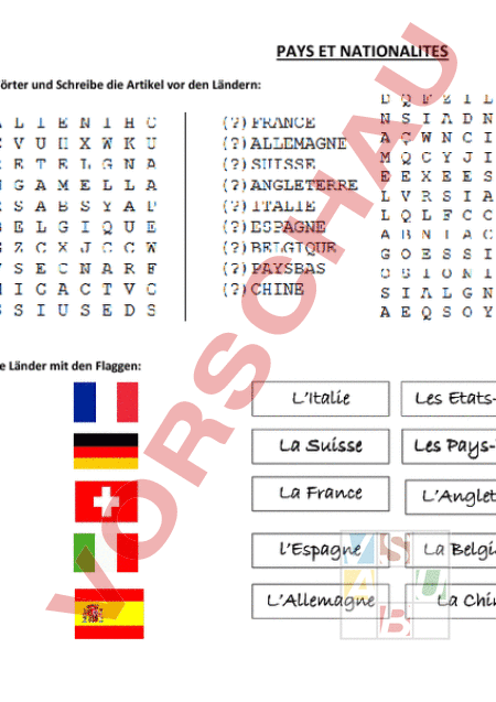 Arbeitsblatt: pays et nationalités exercices - Französisch - Wortschatz
